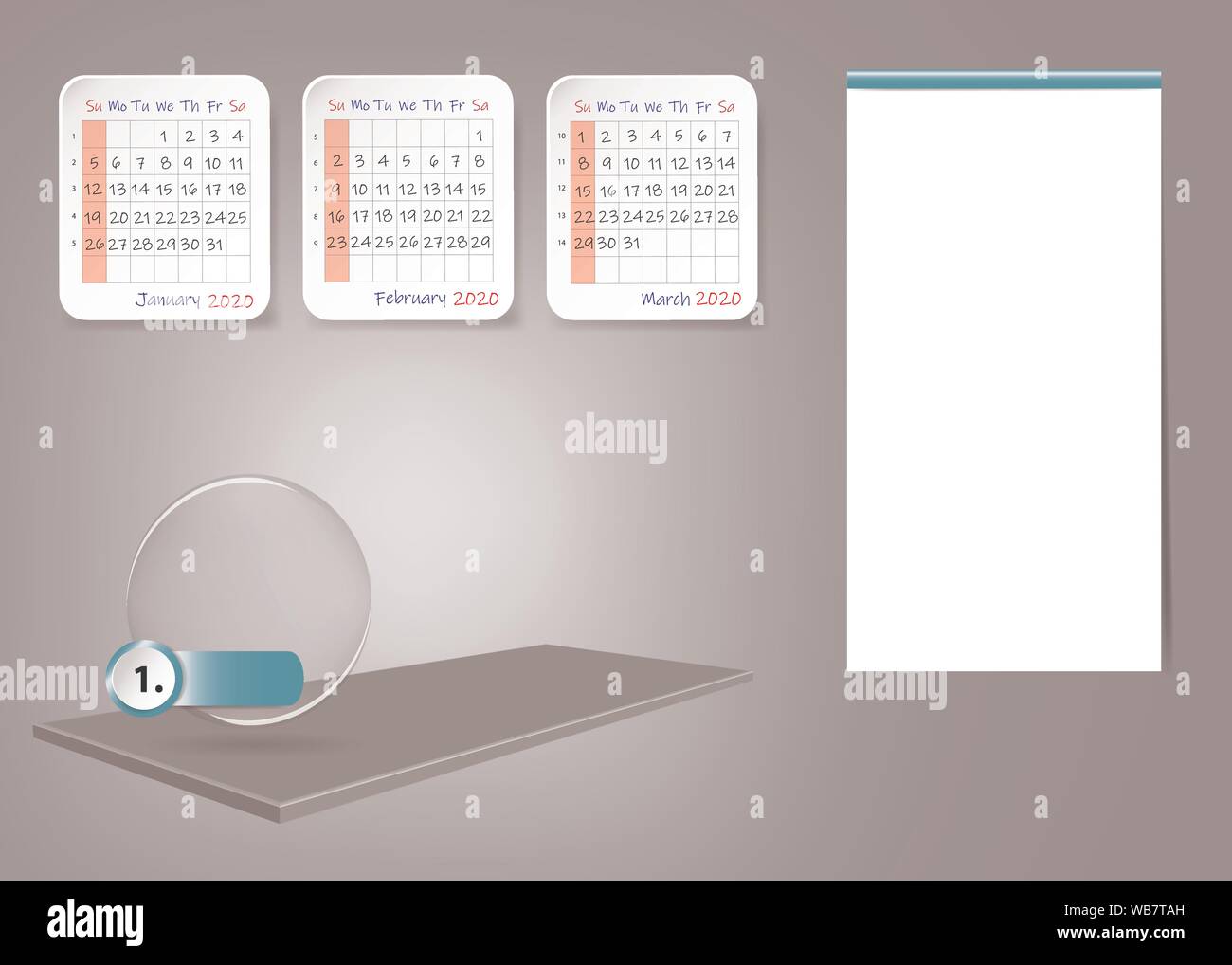 Calendar for first quarter of 2020 year on 3d table with blank label ...