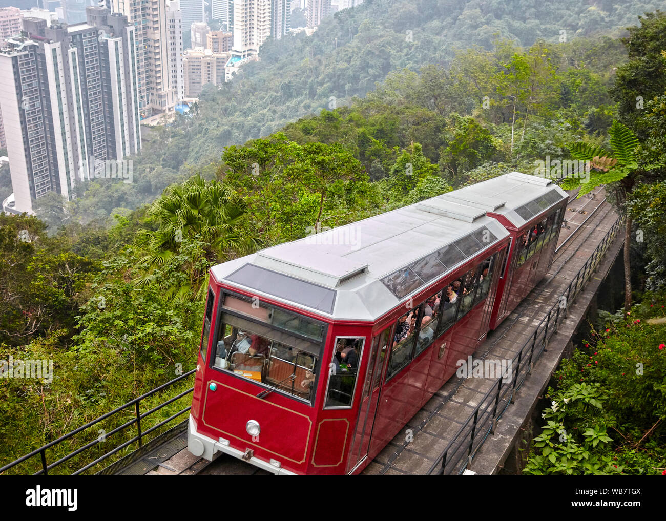 The Peak Tram going down from Victoria Peak. Hong Kong, China Stock ...