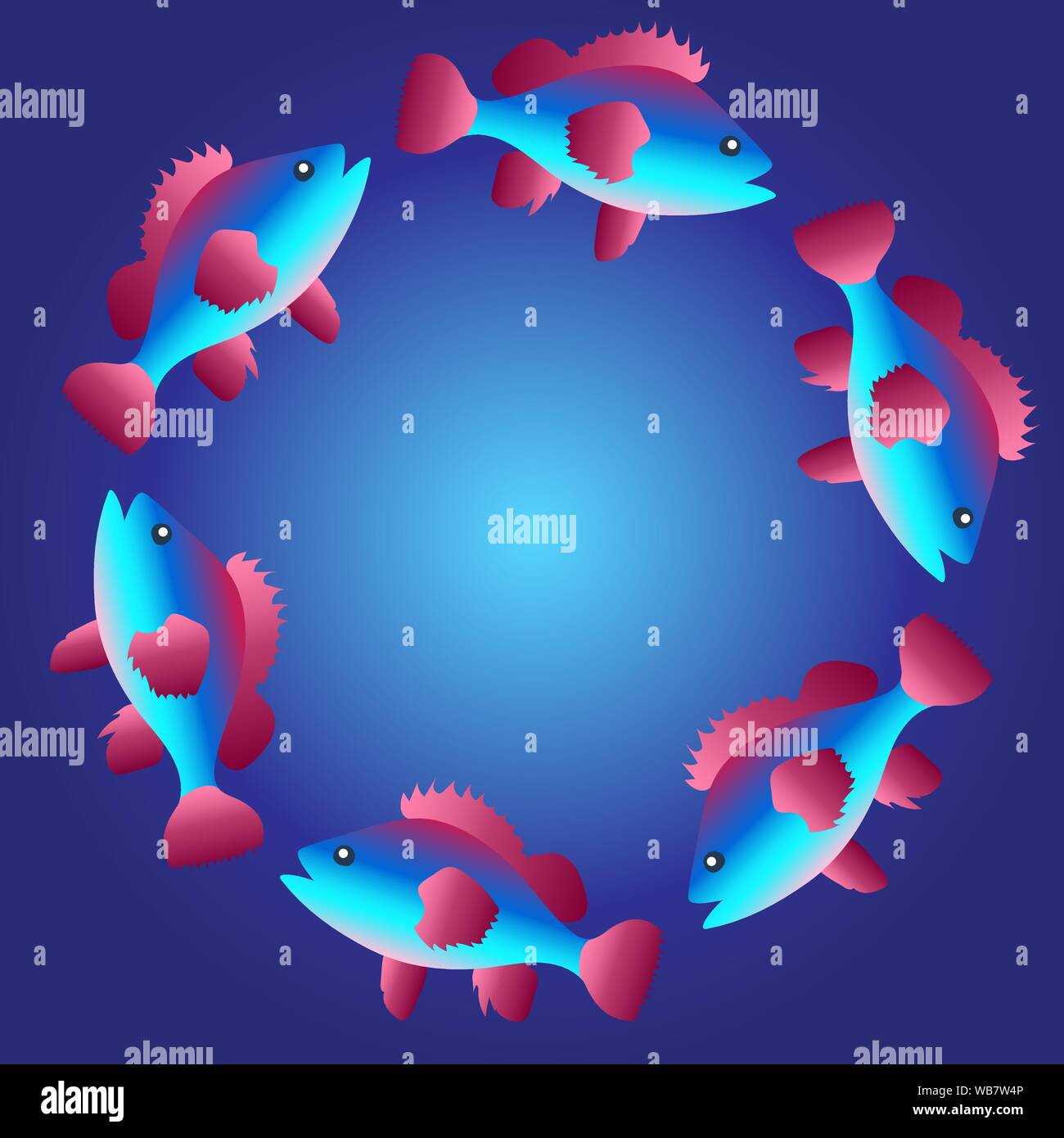 Stylized image of fish swimming in the sea. Circular composition ...