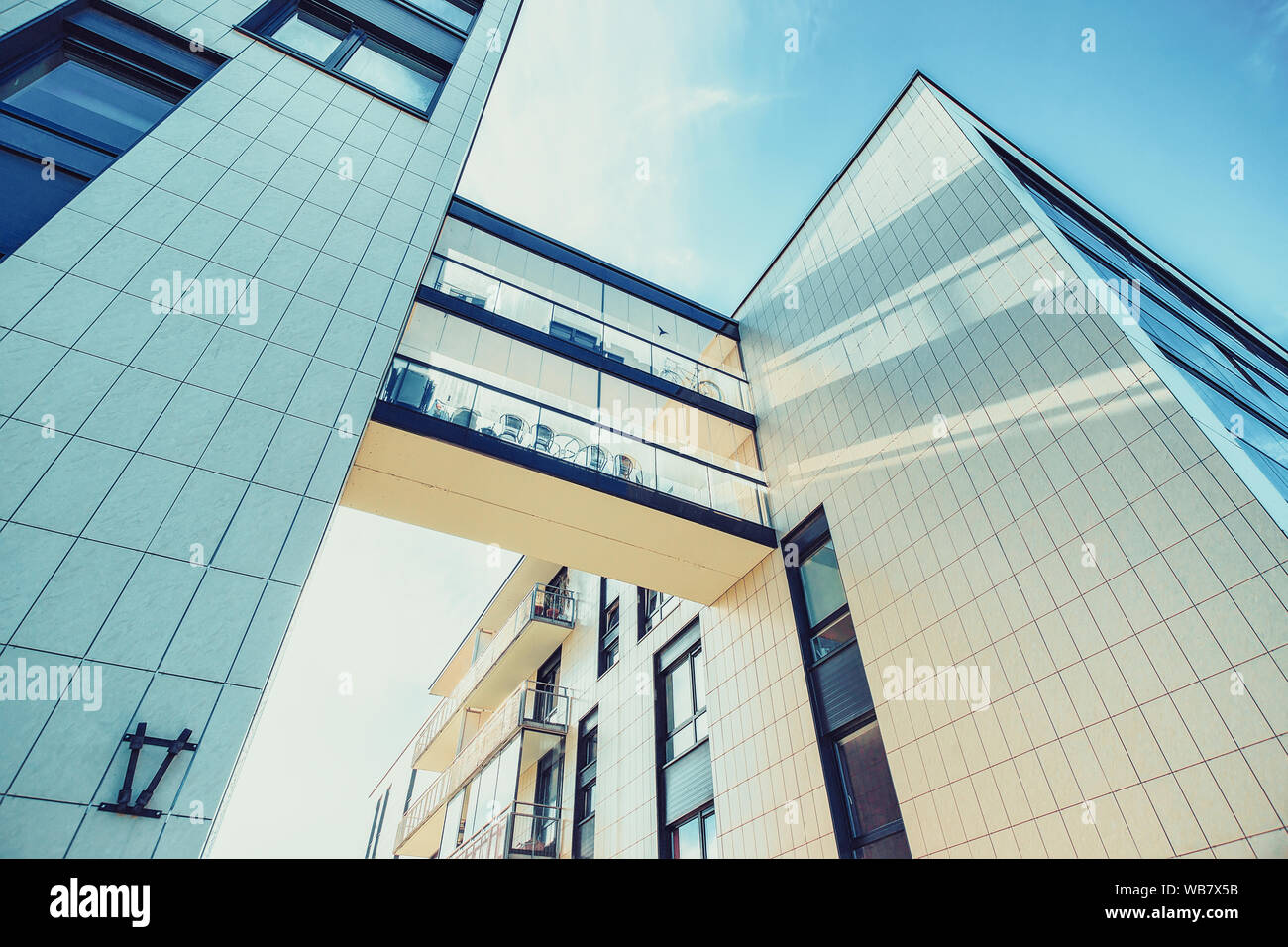 Skybridge between two residential apartment skyscraper buildings in the ...