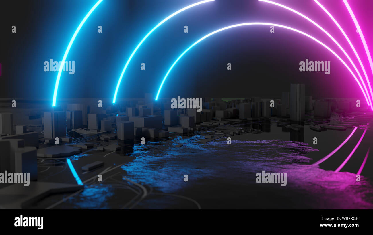 Futuristic night city. Cityscape with bright and glowing neon purple ...