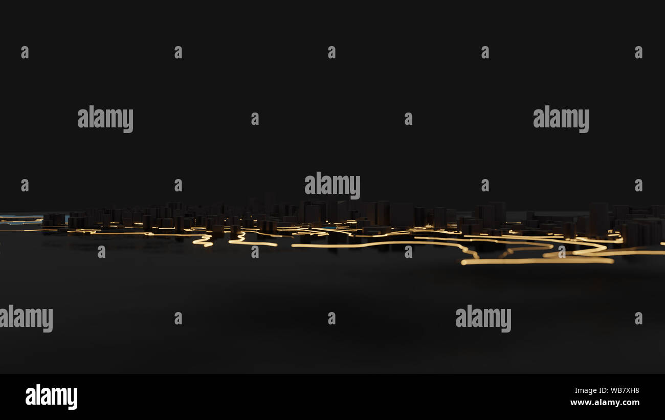 Modern city traffic road at night. Cyberpunk style 3D illustration ...