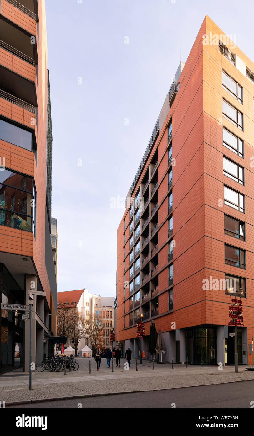Street with modern building architecture on Potsdamer Platz Square in ...
