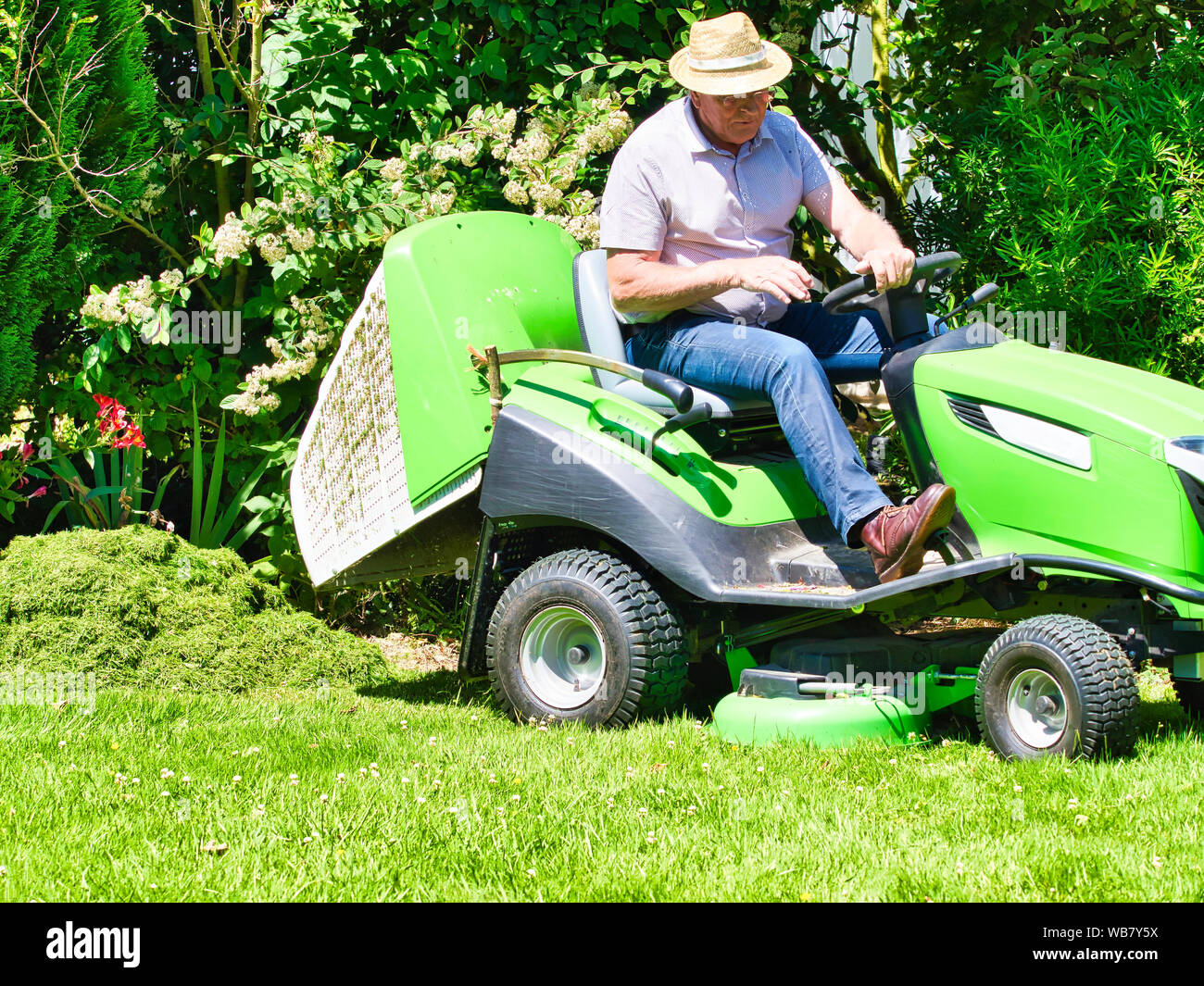 Senior man 75 old years driving a tractor lawn mower in garden with ...