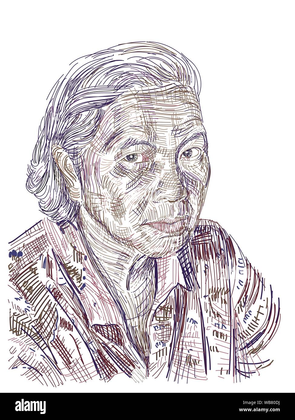Drawing of aged Asian woman on white background. vector illustration ...