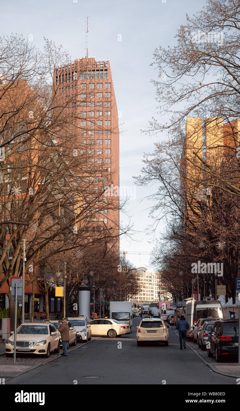 Street with car traffic and modern building architecture in Potsdamer ...