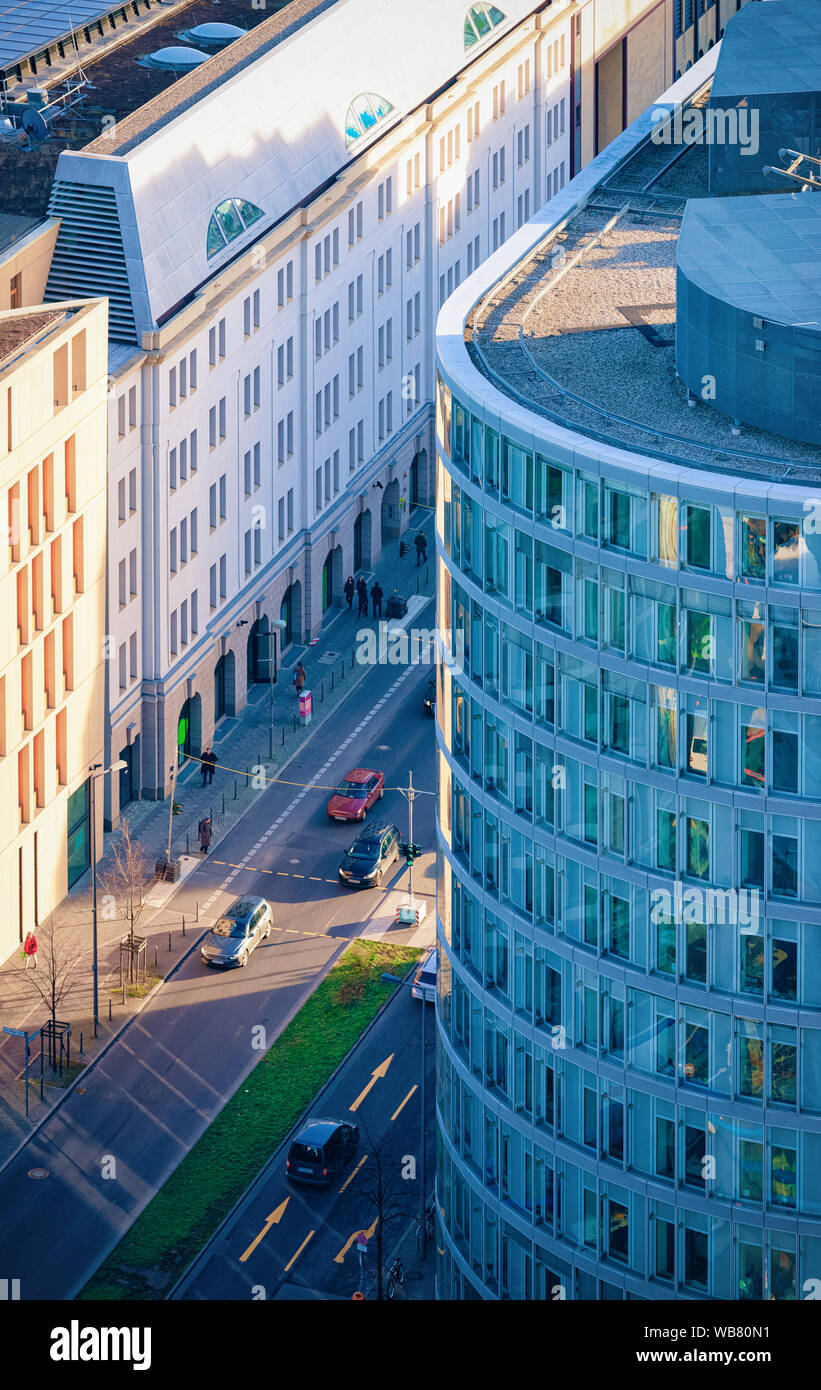 Aerial view of modern building architecture and road in Potsdamer Platz ...