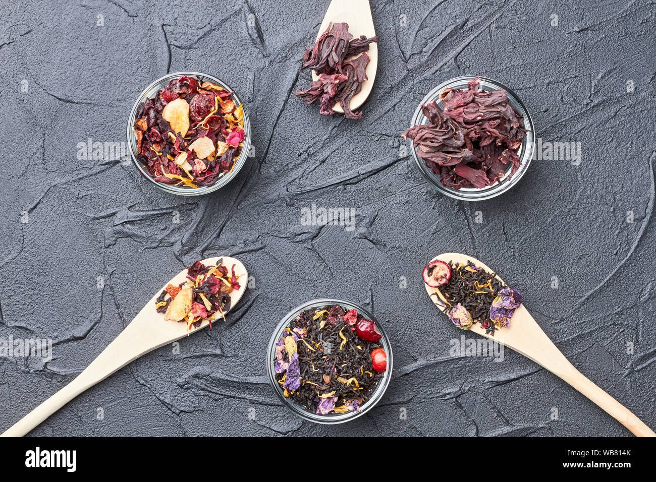 Different kinds of dry teas, top view Stock Photo - Alamy