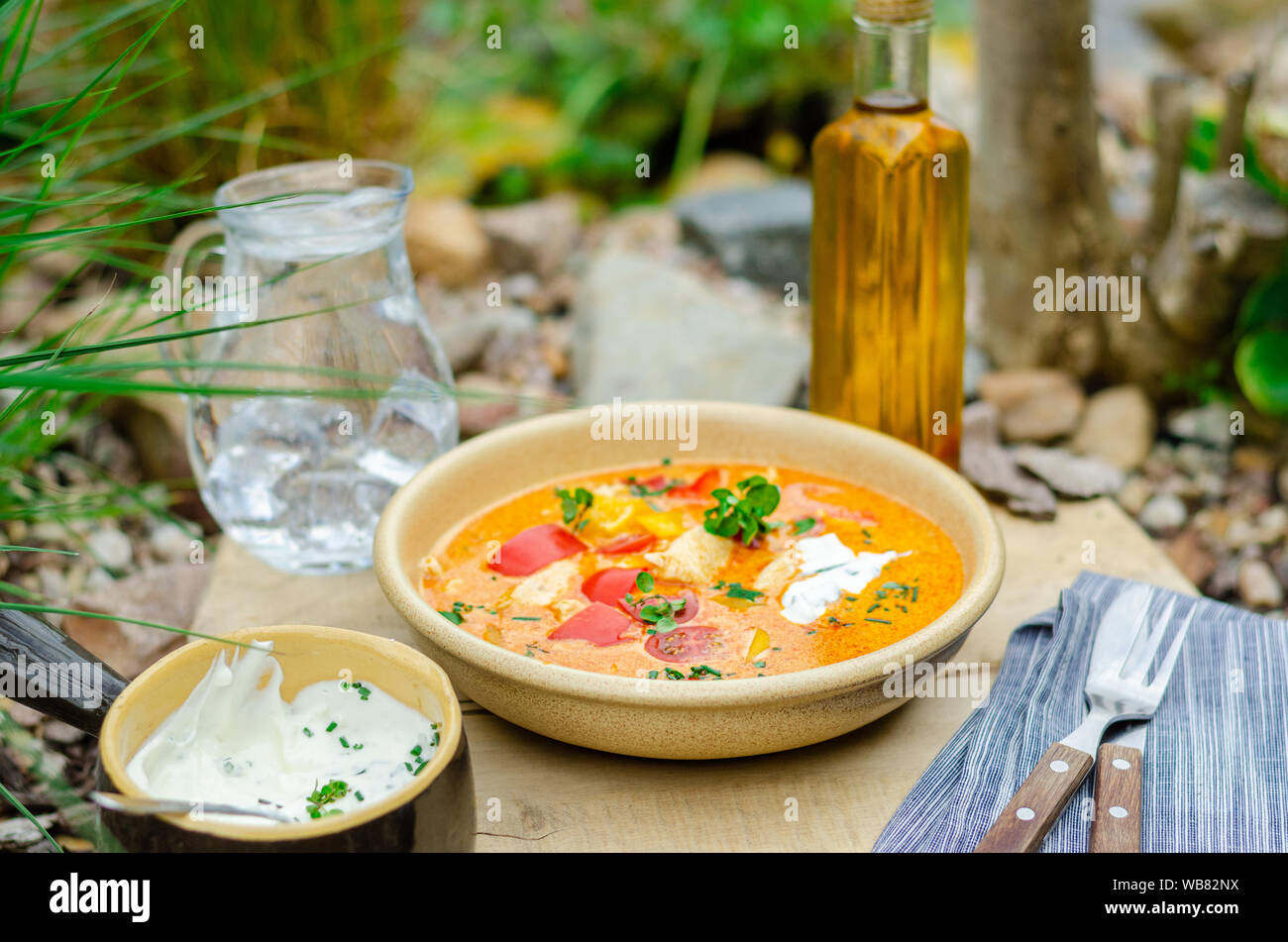 Simple and spicy chicken curry, outside cooking near beautiful garden ...