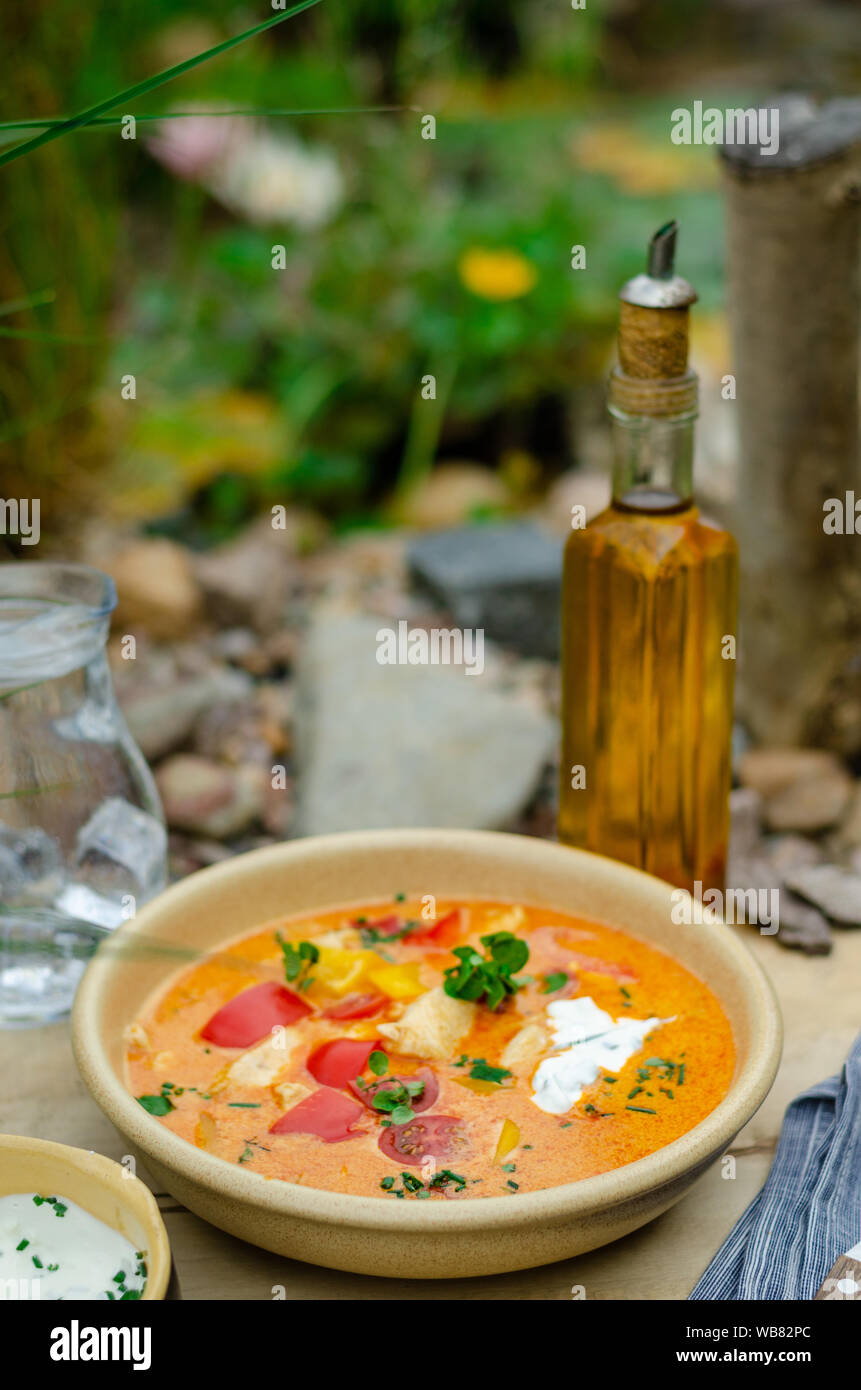 Simple and spicy chicken curry, outside cooking near beautiful garden ...