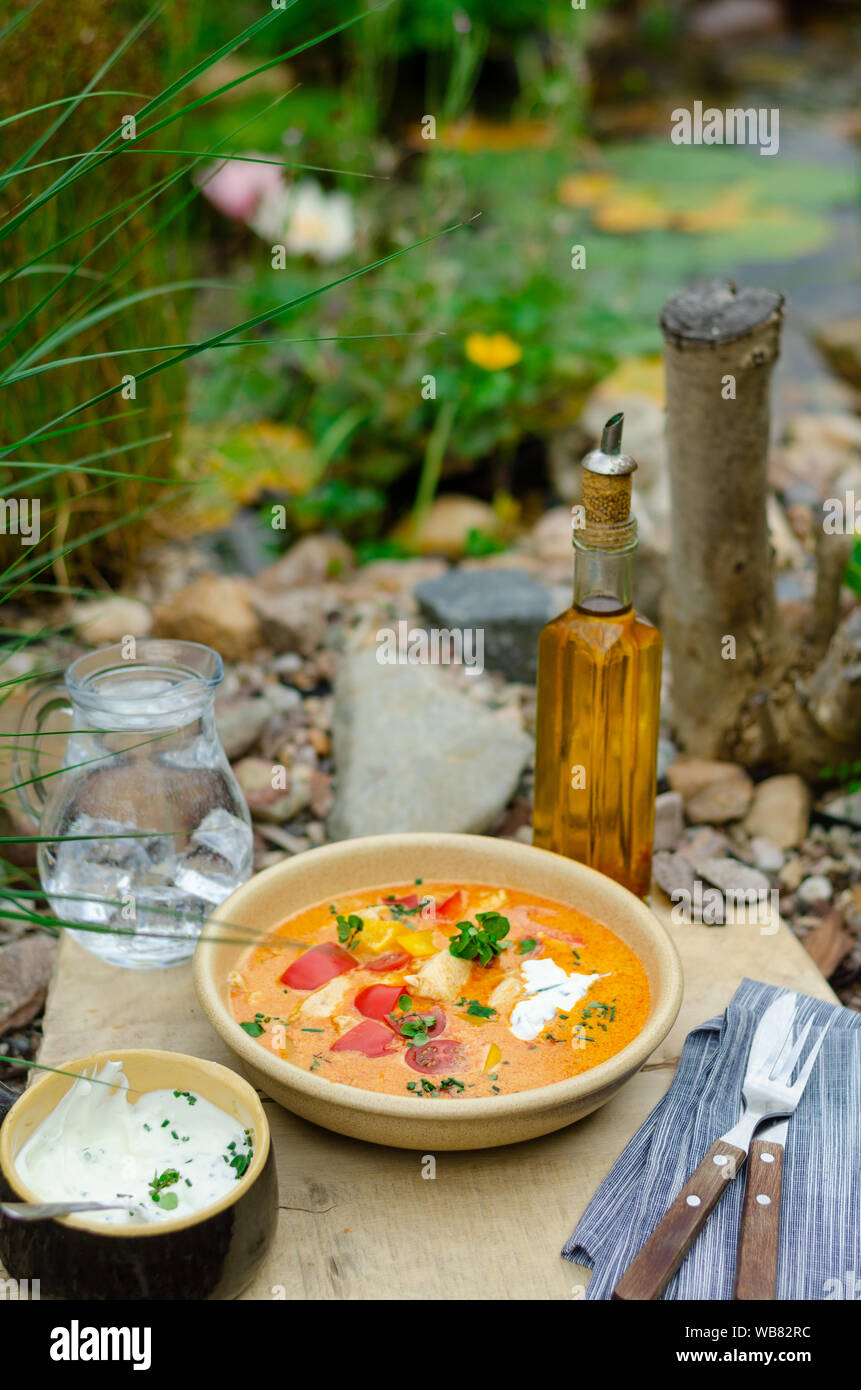 Simple and spicy chicken curry, outside cooking near beautiful garden ...