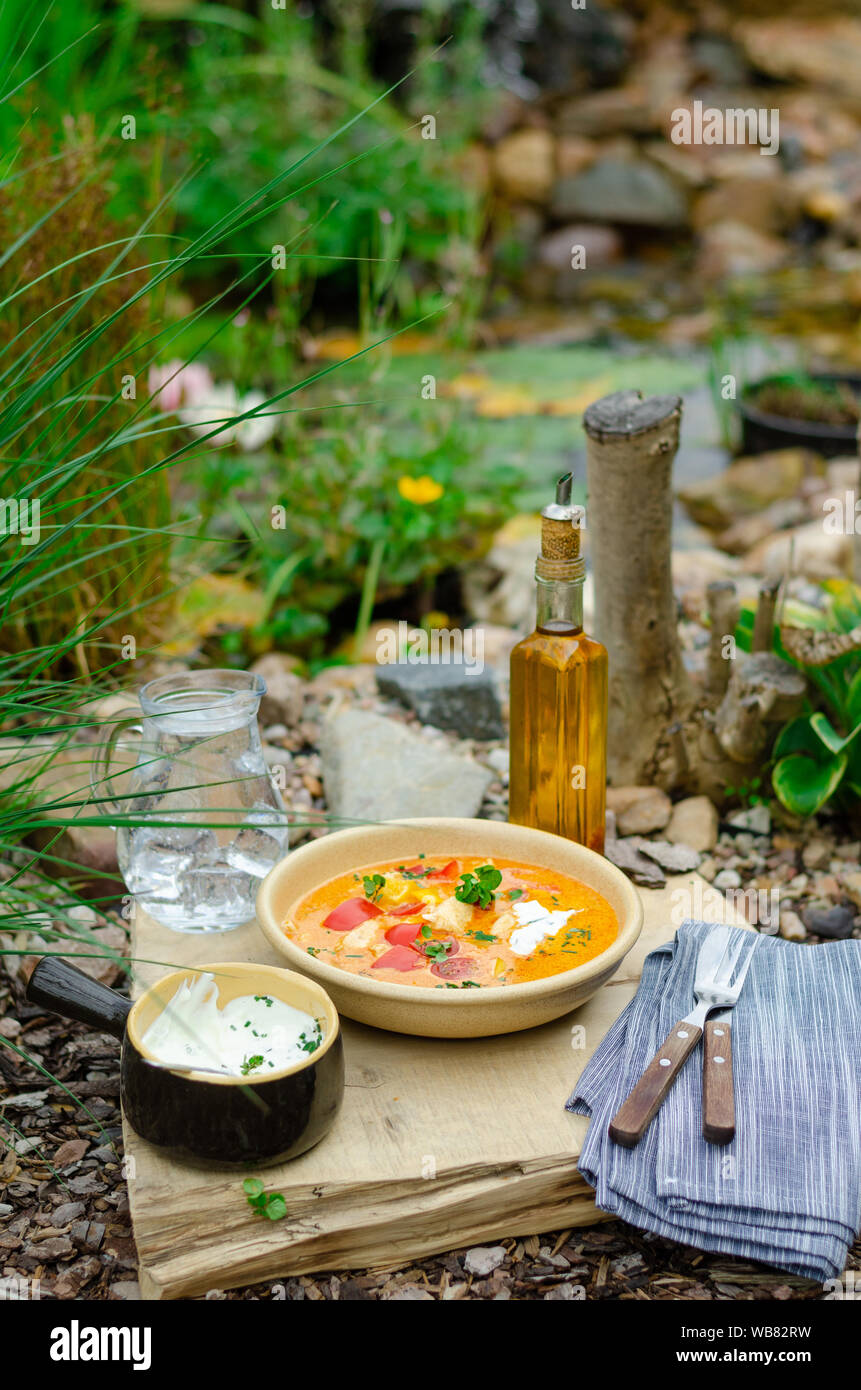 Simple and spicy chicken curry, outside cooking near beautiful garden ...