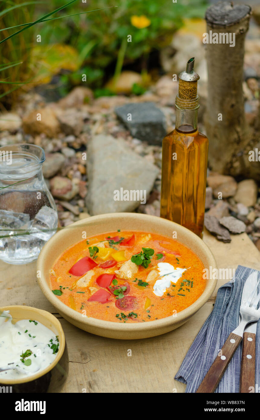 Simple and spicy chicken curry, outside cooking near beautiful garden ...