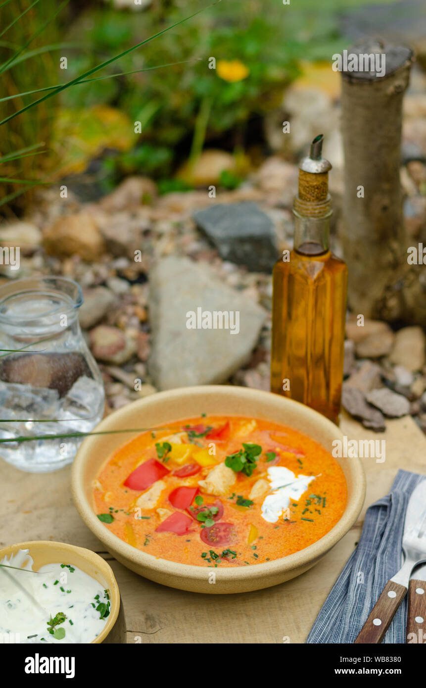 Simple and spicy chicken curry, outside cooking near beautiful garden ...