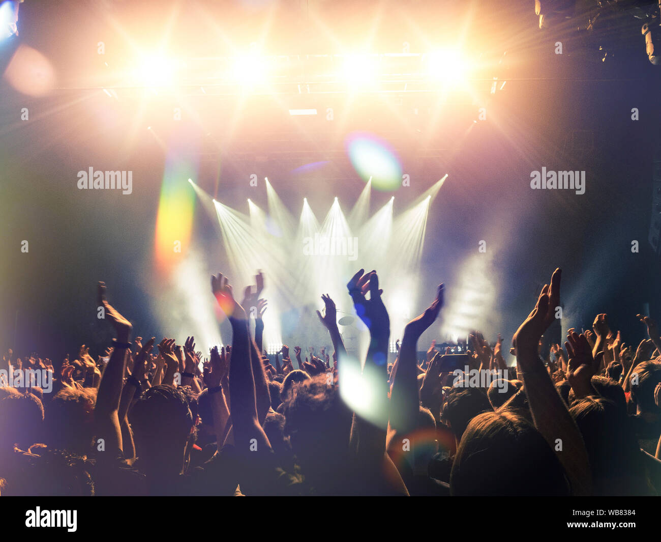 Colourful shot taken inside a concert venue, people silhouettes are ...