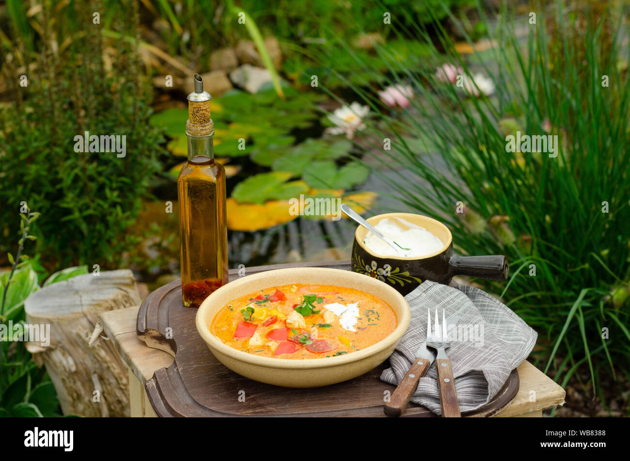 Simple and spicy chicken curry, outside cooking near beautiful garden ...