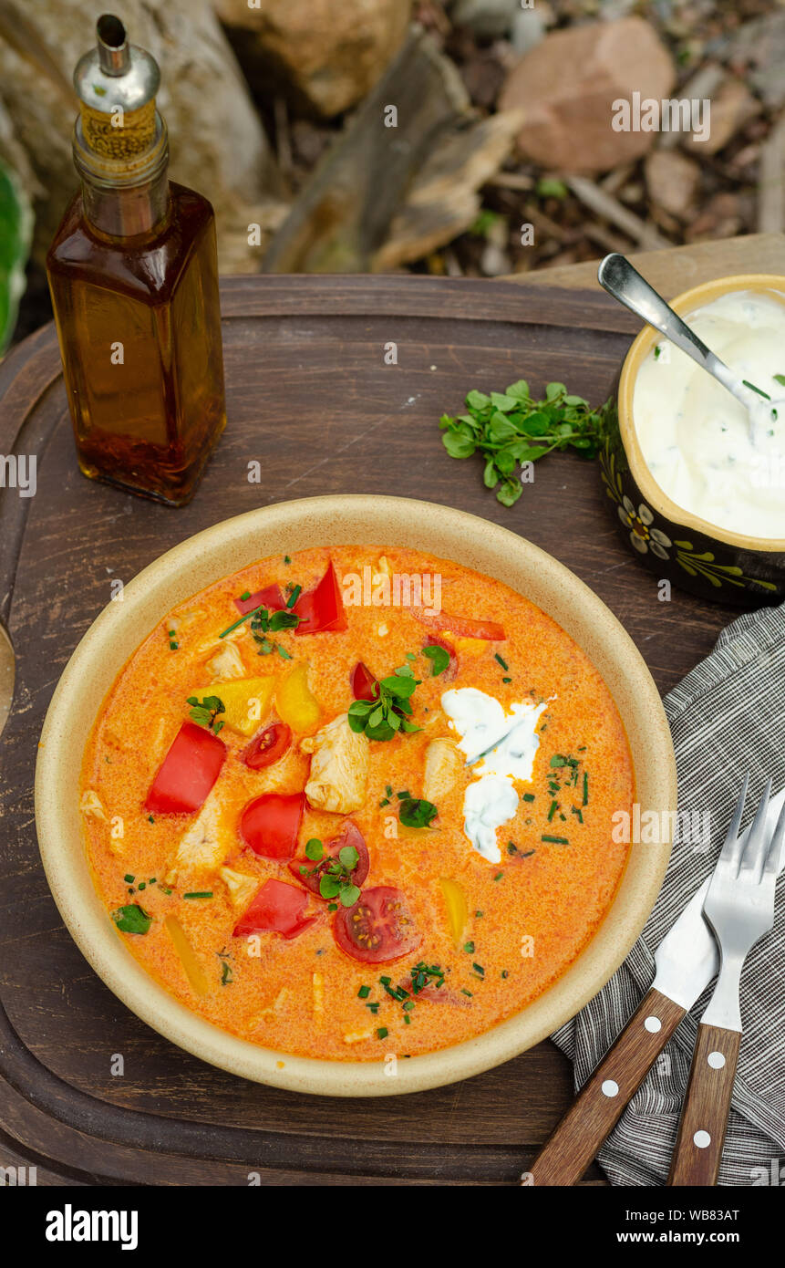 Simple and spicy chicken curry, outside cooking near beautiful garden ...