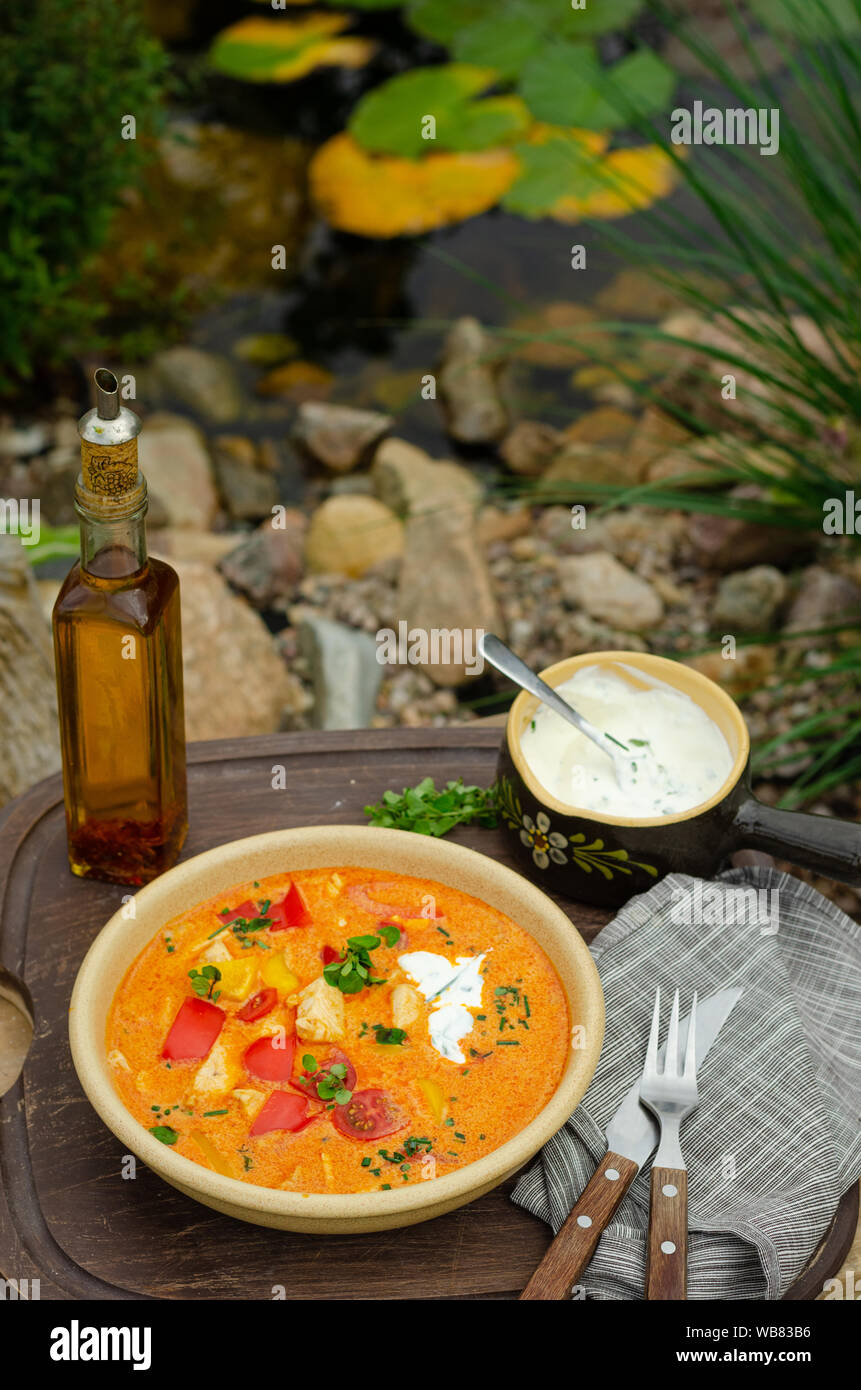 Simple and spicy chicken curry, outside cooking near beautiful garden ...