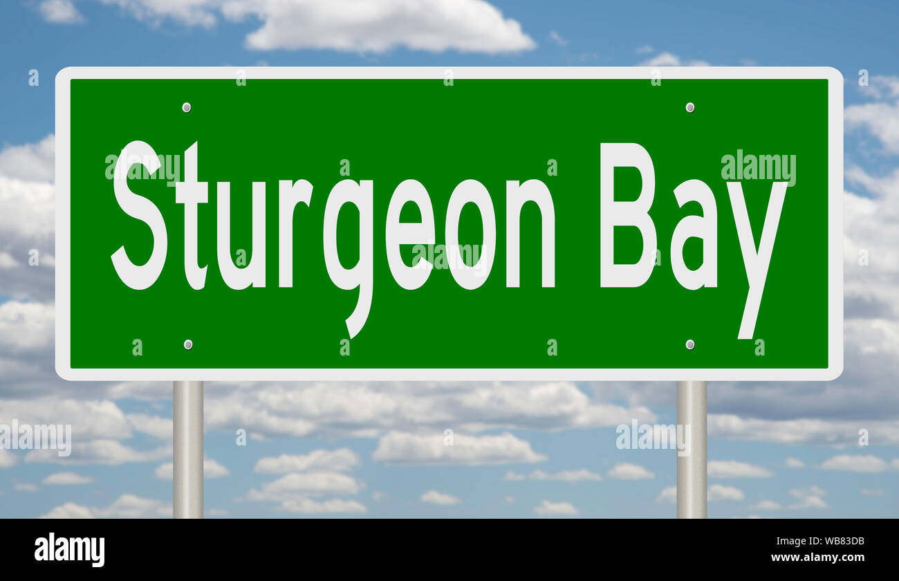 Rendering of a green highway sign for Sturgeon Bay Wisconsin Stock ...
