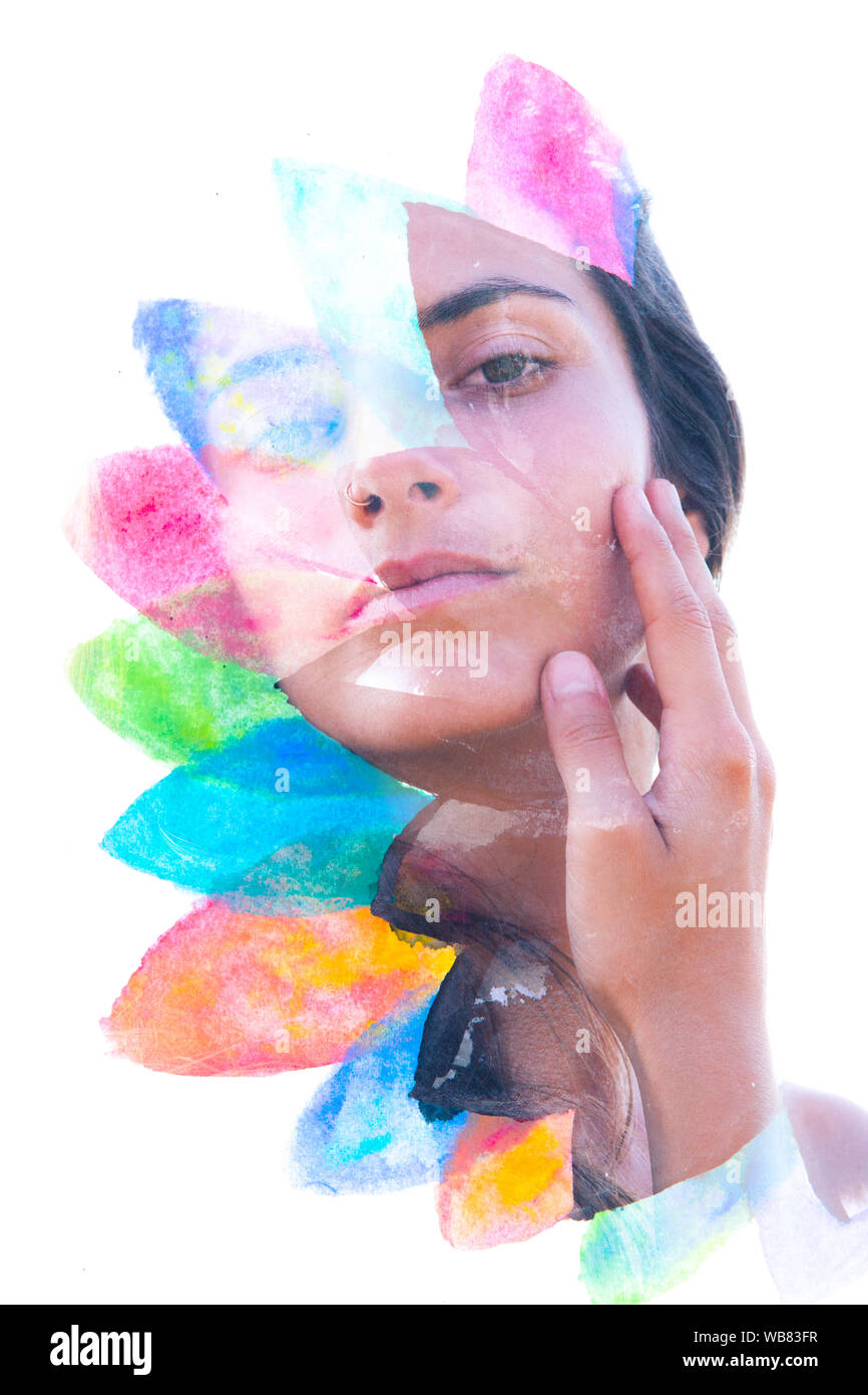 Paintography. Double exposure portrait of a young woman disappearing ...