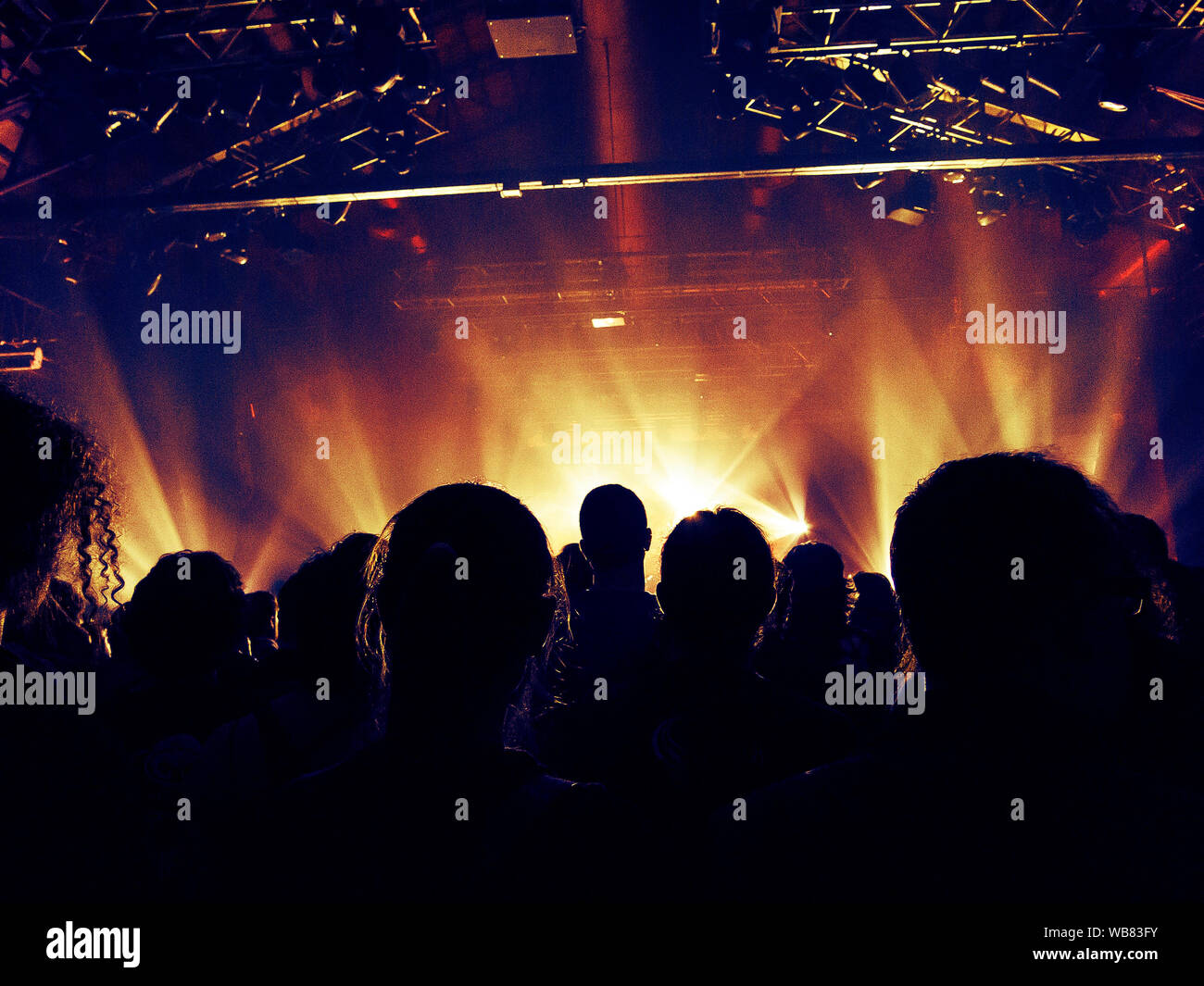 Colourful shot taken inside a concert venue, people silhouettes are ...