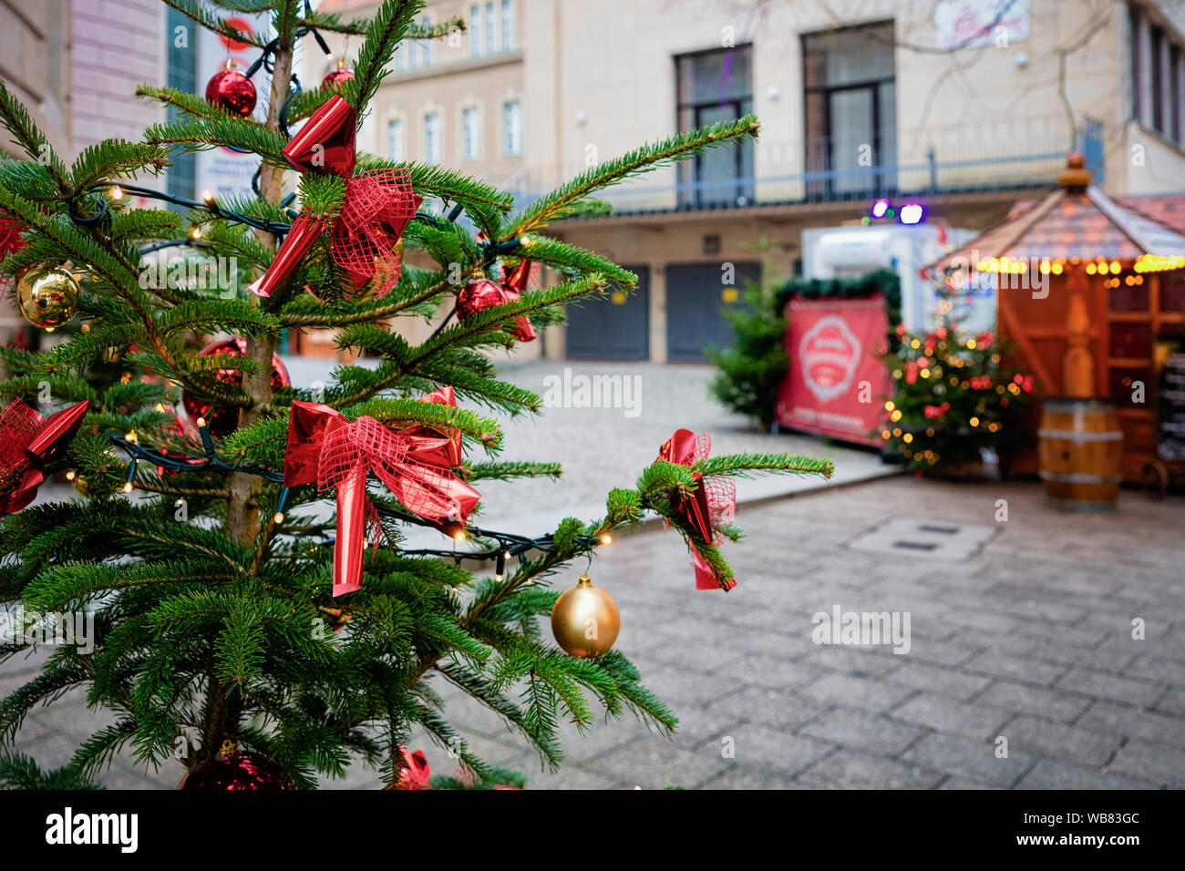 Decorated Christmas tree at Christmas market near Opera house in Berlin ...