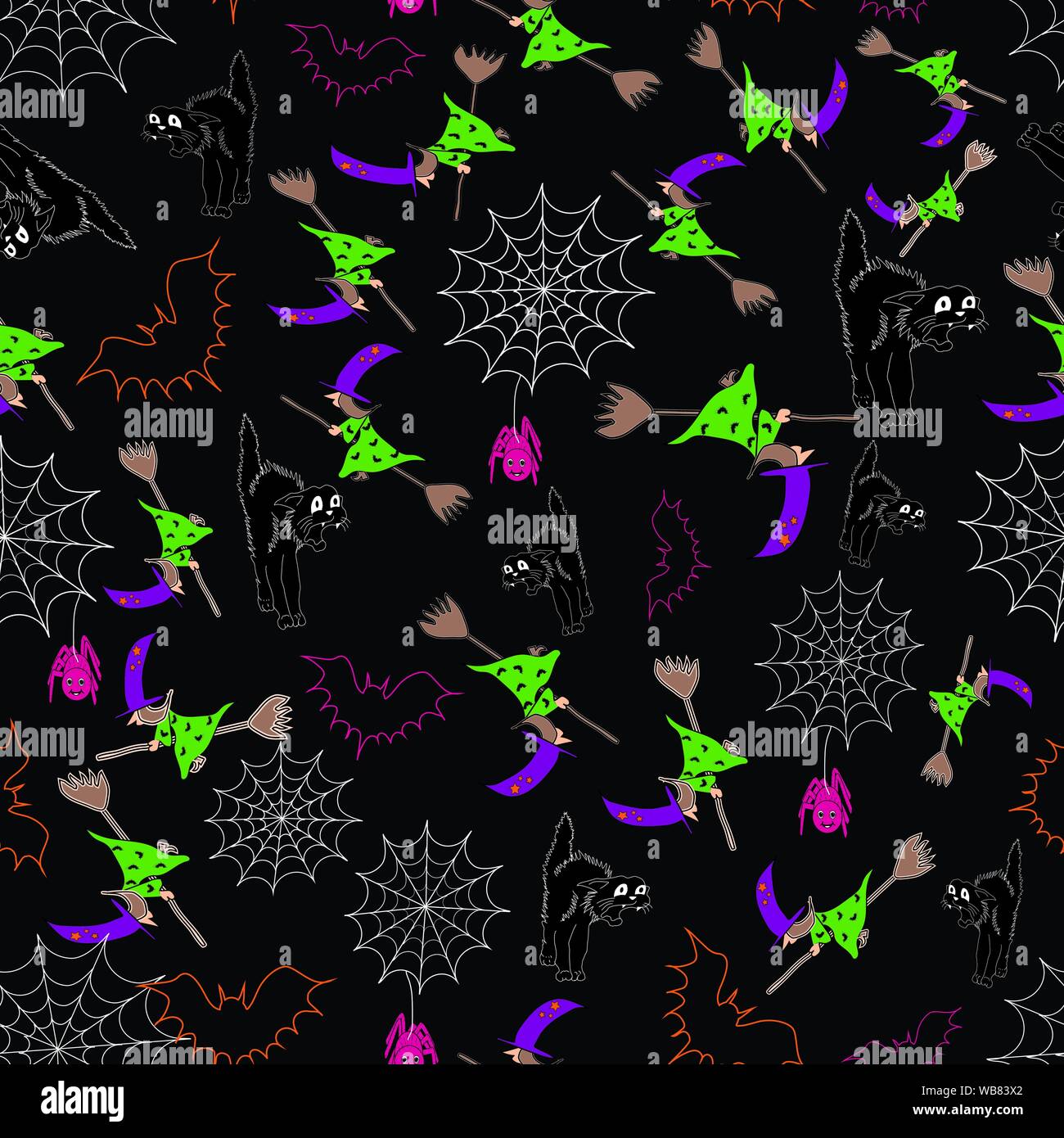 Fun Halloween seamless pattern background with witches on broomsticks ...