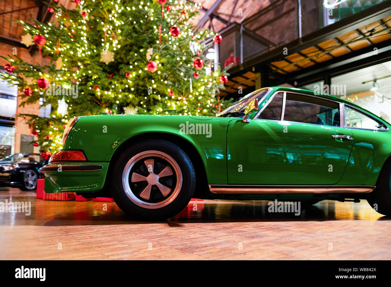 Green vintage classic car in Berlin in Germany. Details of auto ...