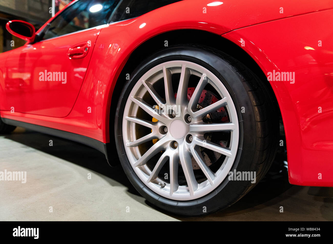 Wheel of red vintage classic car in Berlin of Germany. Details of auto ...