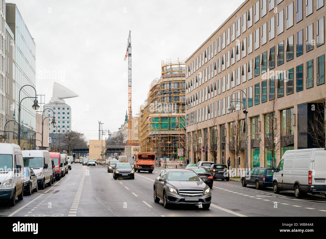 Street with cars and building construction in the road in Berlin in ...