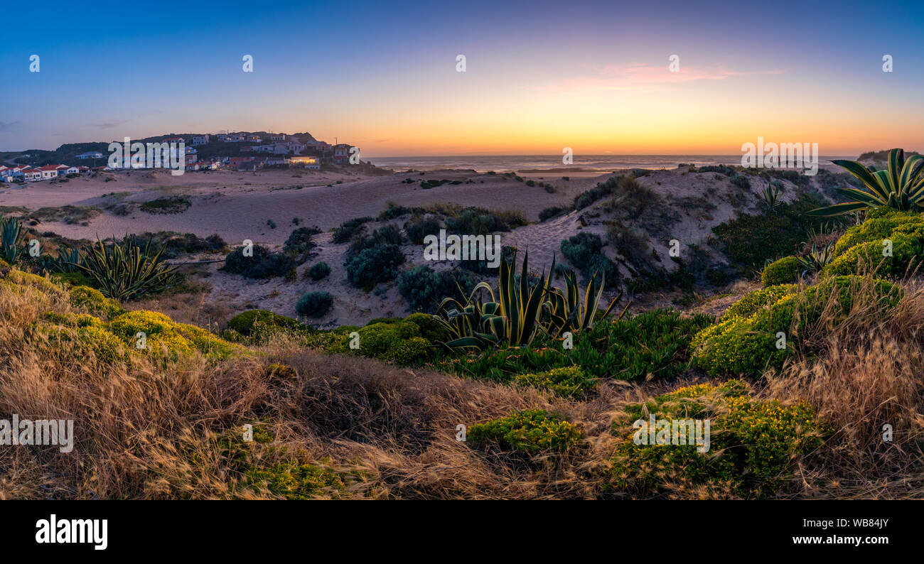 View of the Monte Clerigo beach on the western coastline of Portugal ...