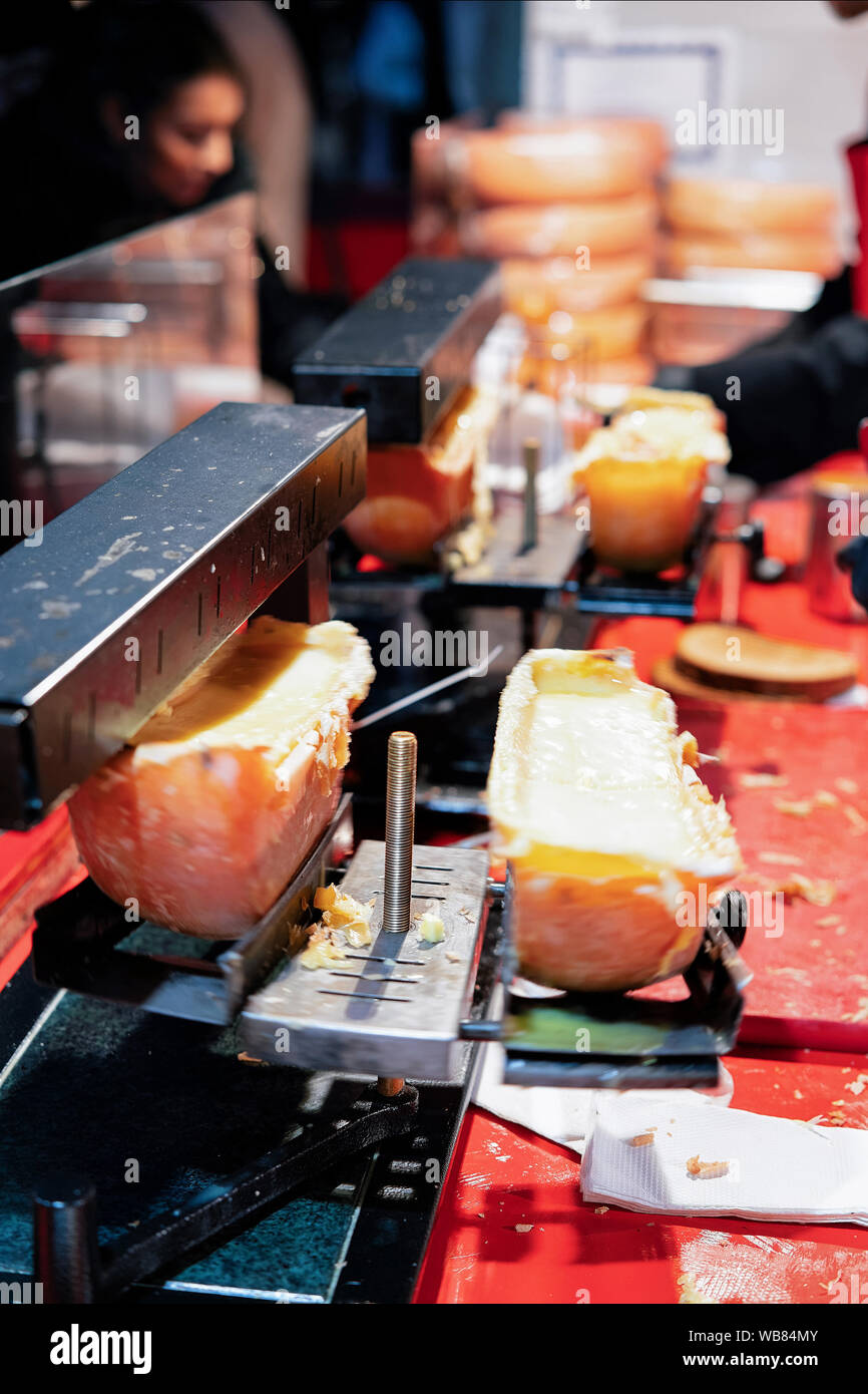 Raclette cheese in Christmas market in Germany in Europe in winter ...