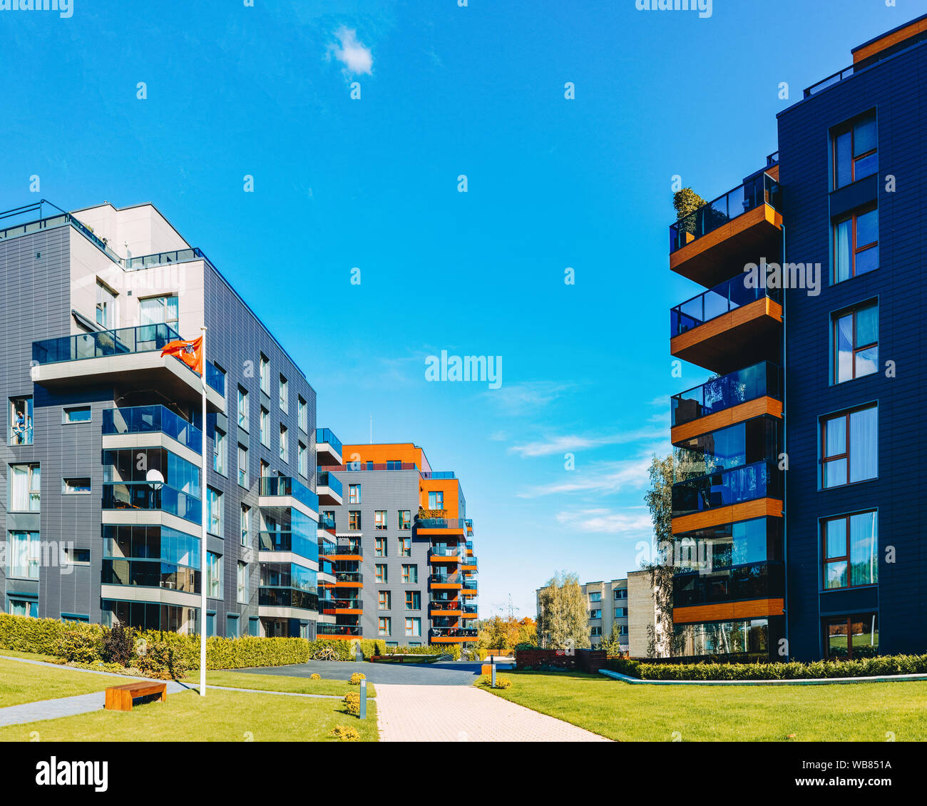 Modern architectural residential building quarter and flag. And outdoor ...