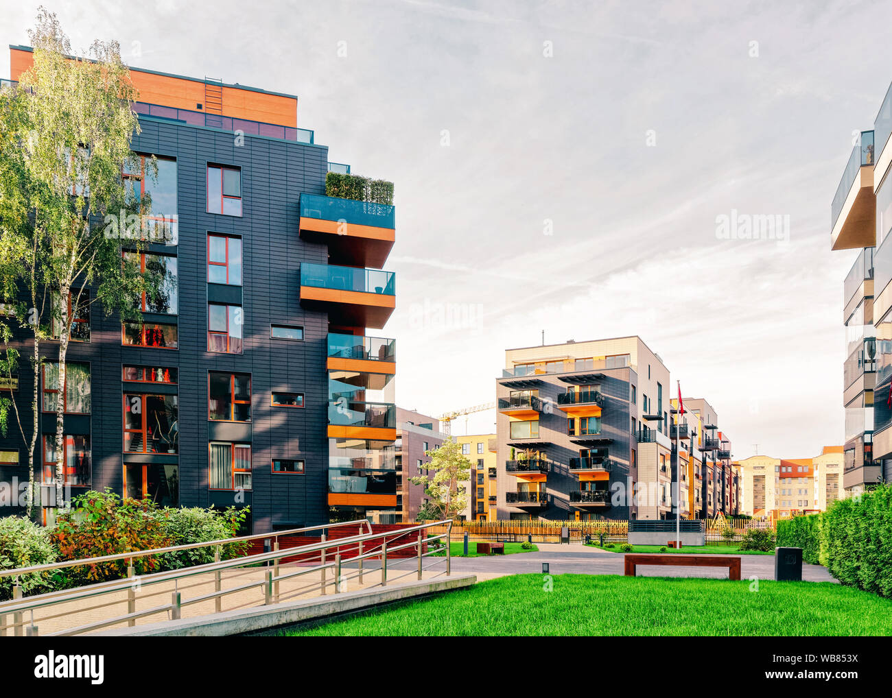 Modern glass apartment residential buildings. And outdoor facilities ...