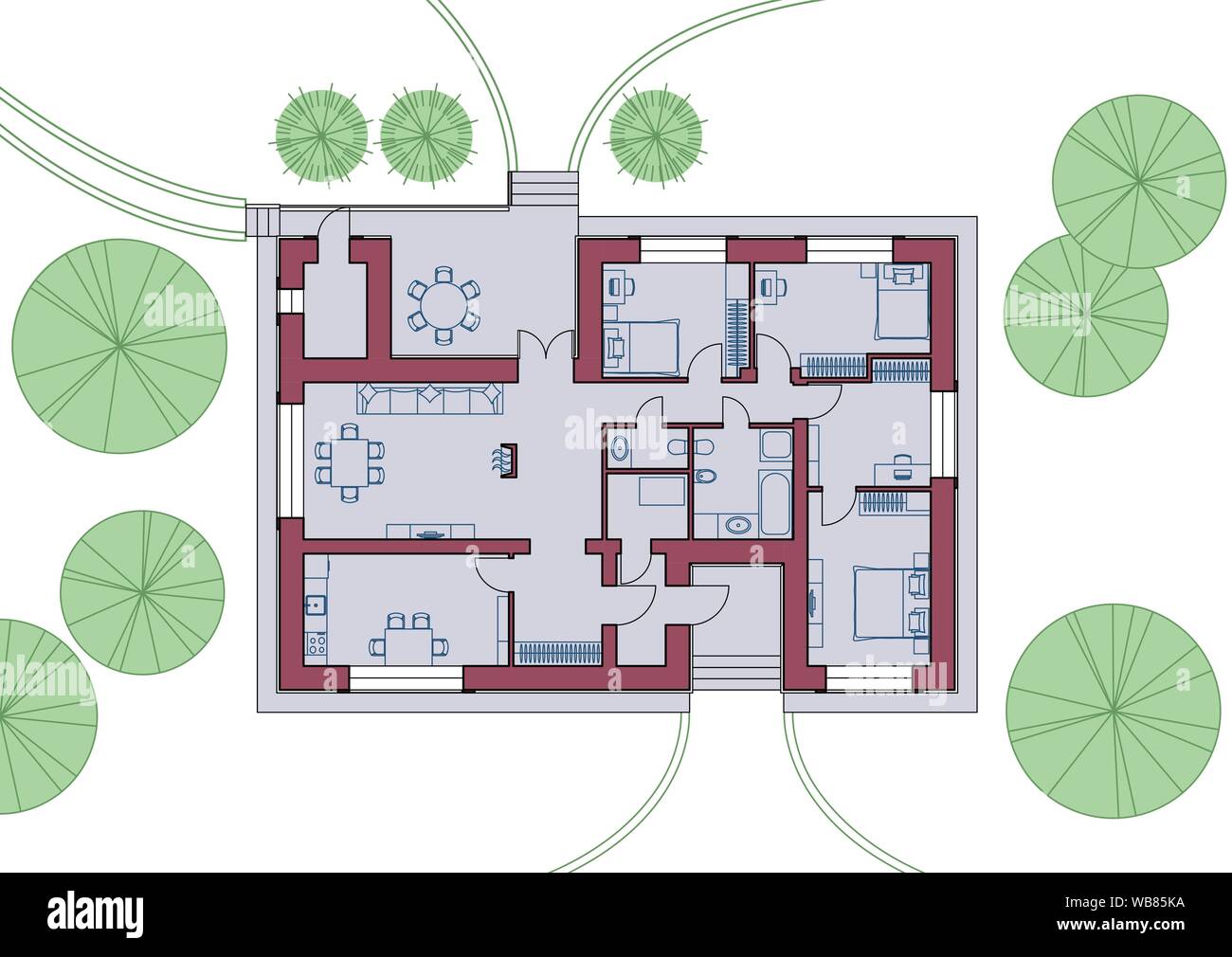 Architectural plan of a house. Top view with furniture. Vector ...