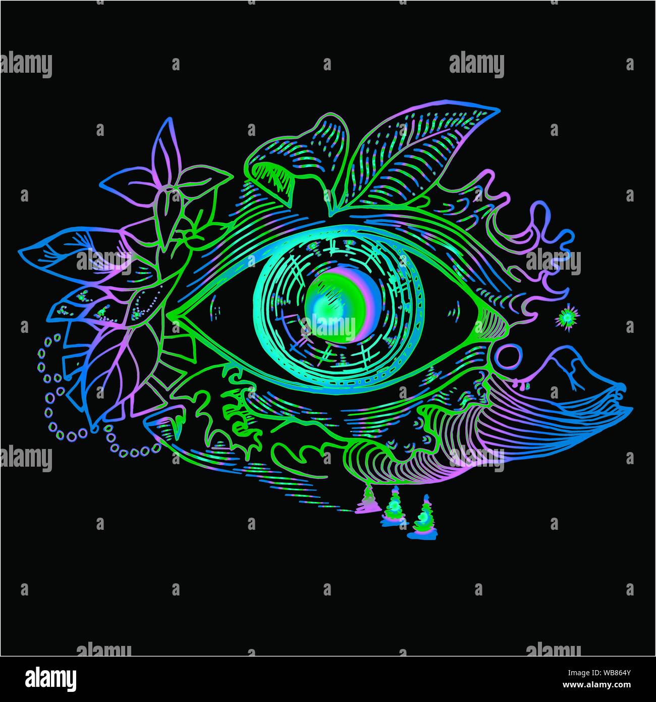 Color picture of an cosmic eye on a background of a landscape ...