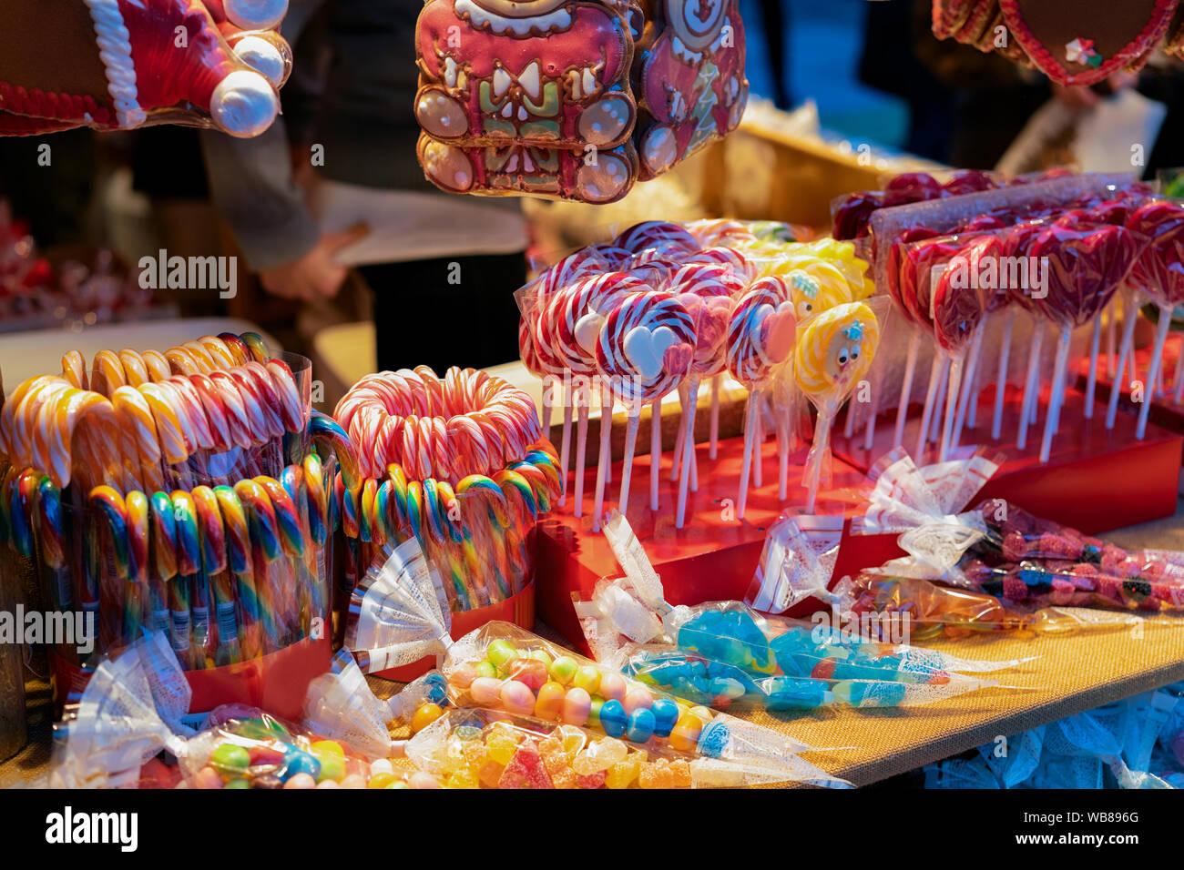 Lollipop candies in Christmas market in Germany in Europe in winter ...