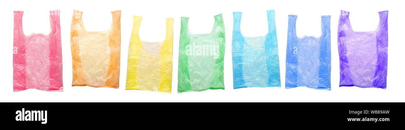 Plastic rainbow packs are isolated on a white background. Environmental ...