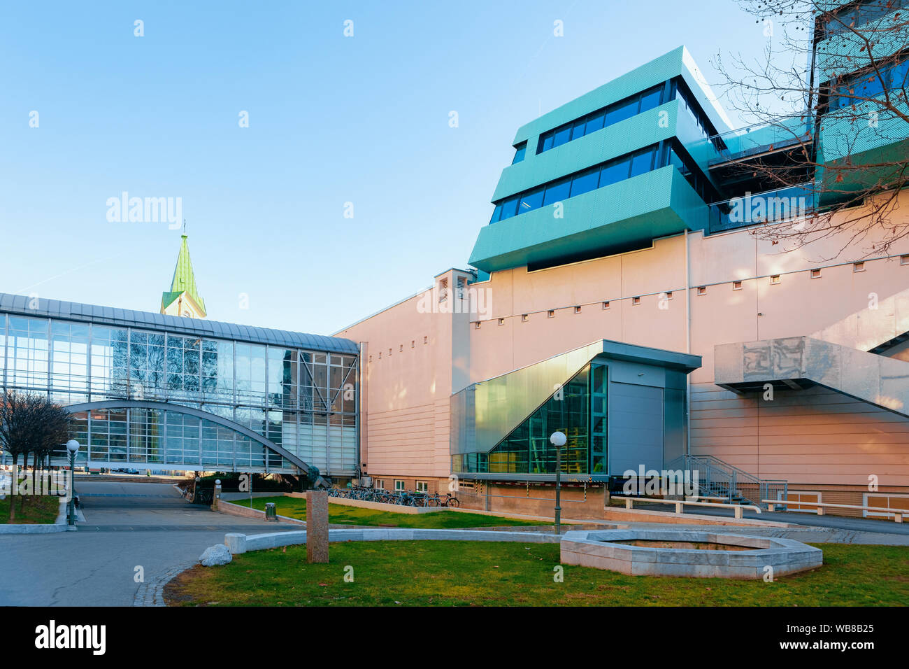 Modern office architecture with glass corridor in city of Graz in ...