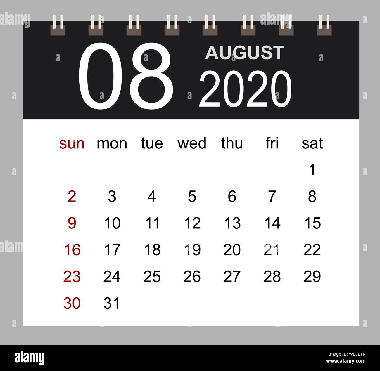 Business calendar 2020 of August. Notebook isolated page. Week starts ...