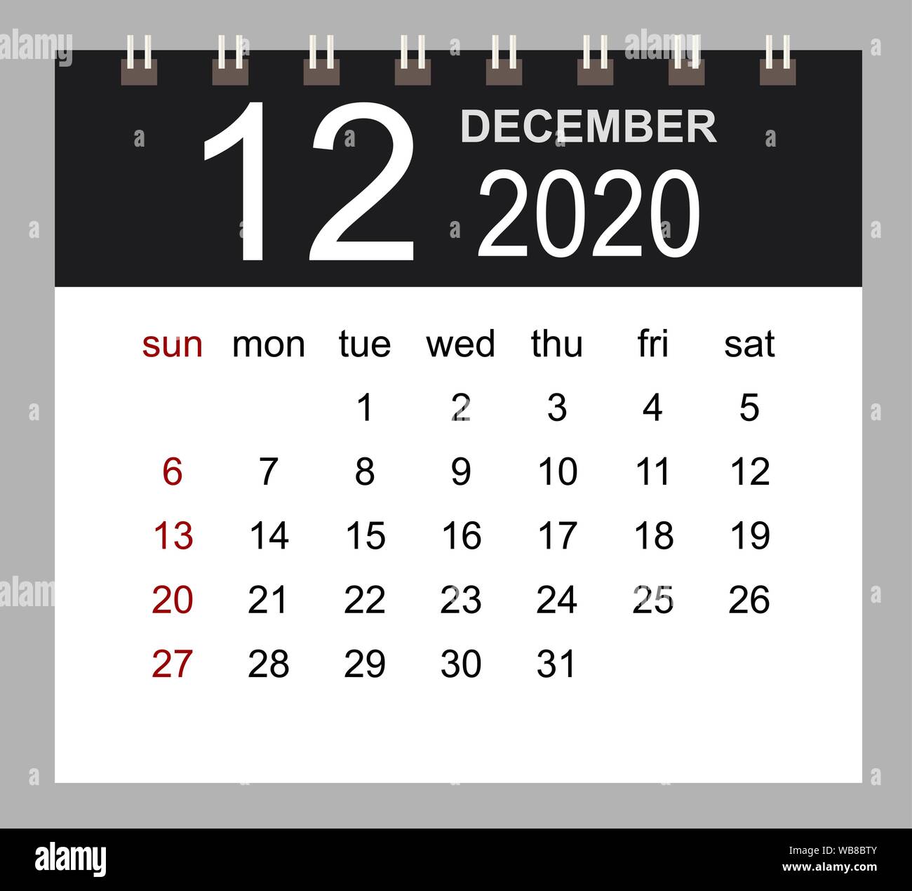 Business calendar 2020 of December. Notebook isolated page. Week starts ...
