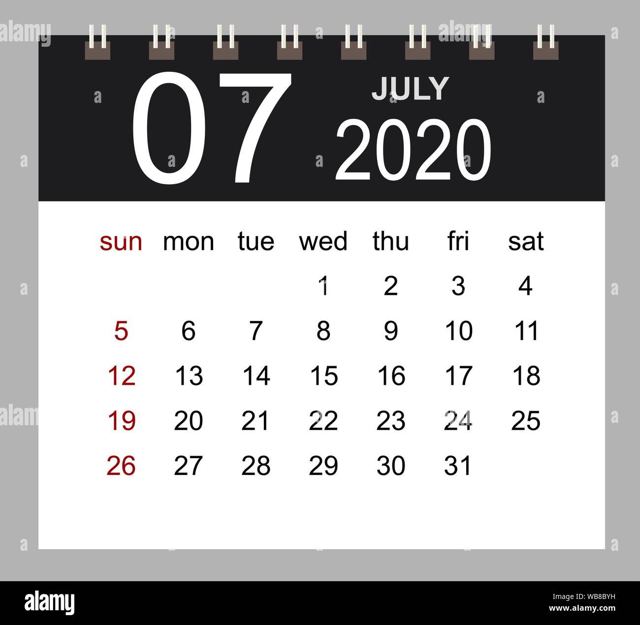 Business calendar 2020 of July. Notebook isolated page. Week starts ...