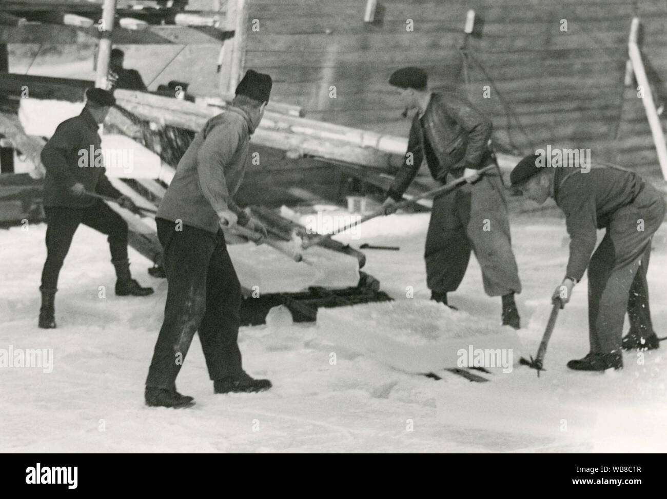 Workers collecting ice. Men are collecting blocks of ice that are sawed ...
