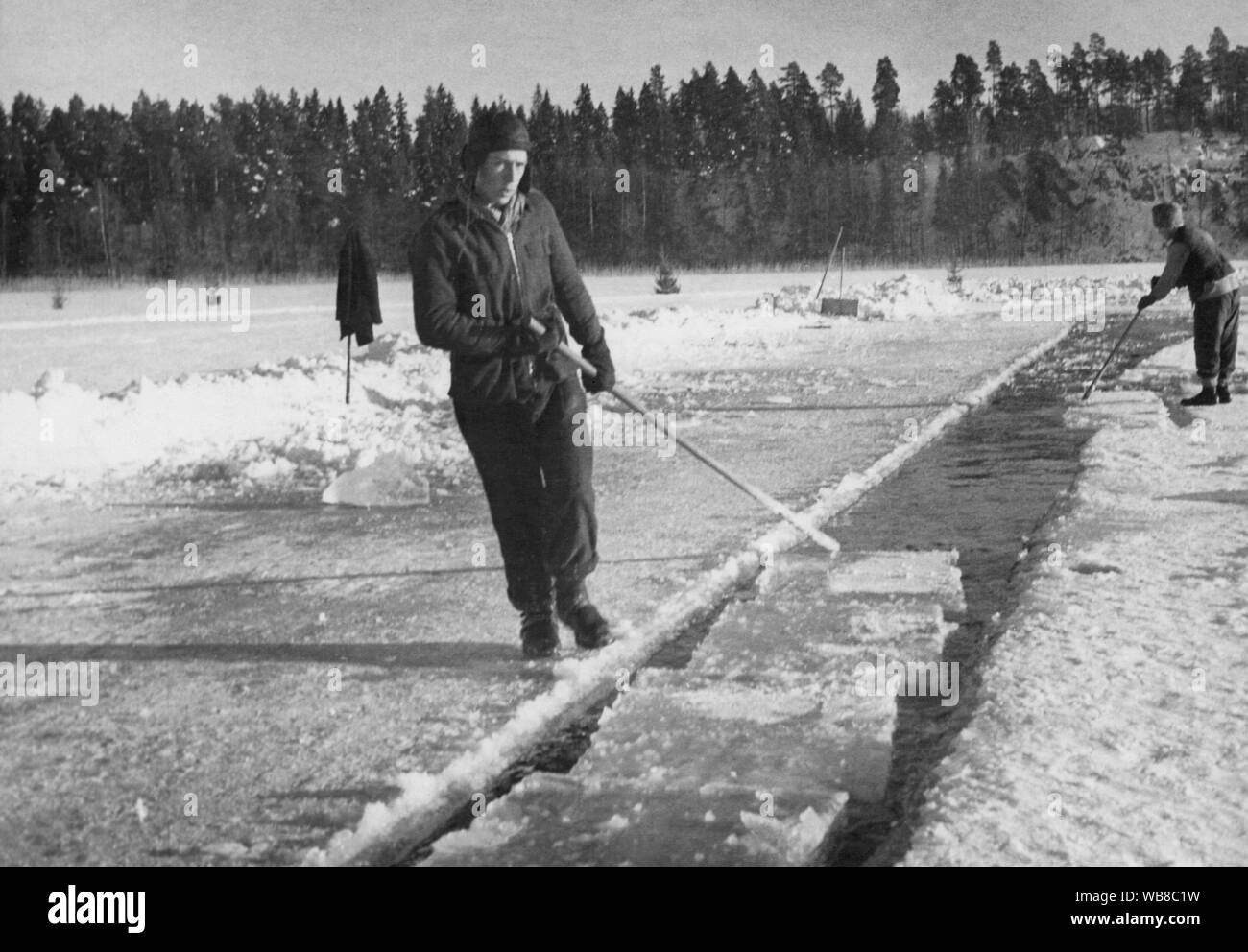 Workers collecting ice. Men are collecting blocks of ice that are sawed ...