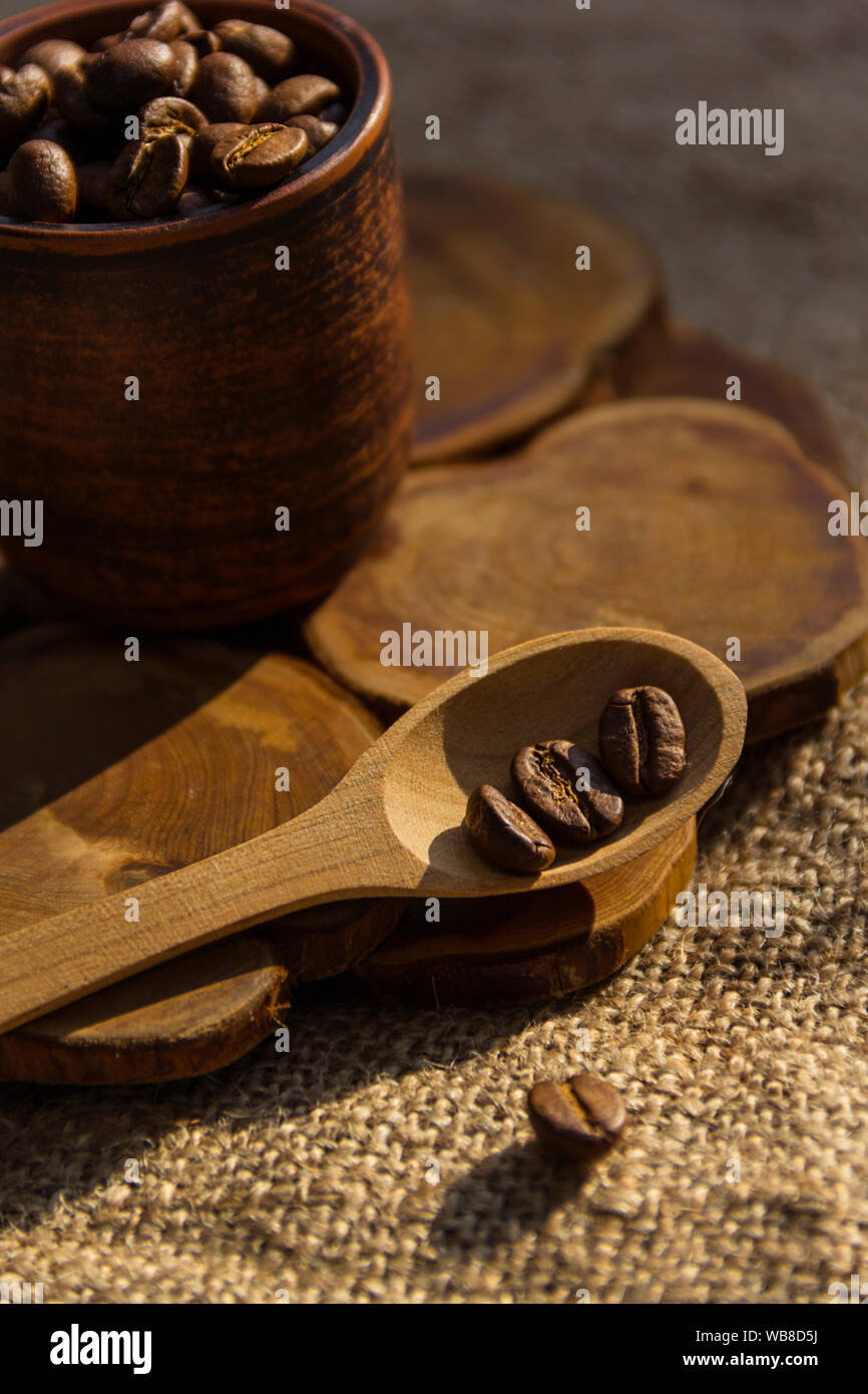Fragrant coffee beans for morning coffee for breakfast, background ...