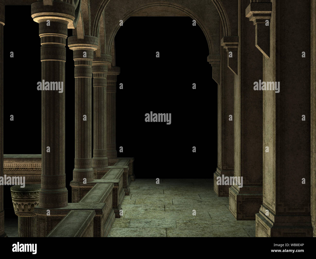 Ancient interior of corridor with pillars and arches, 3d rendered ...