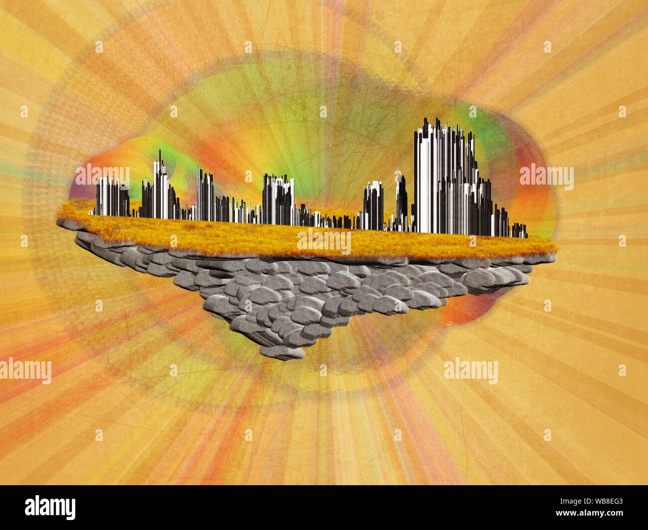Illustration of abstract floating autumn island on paper background ...