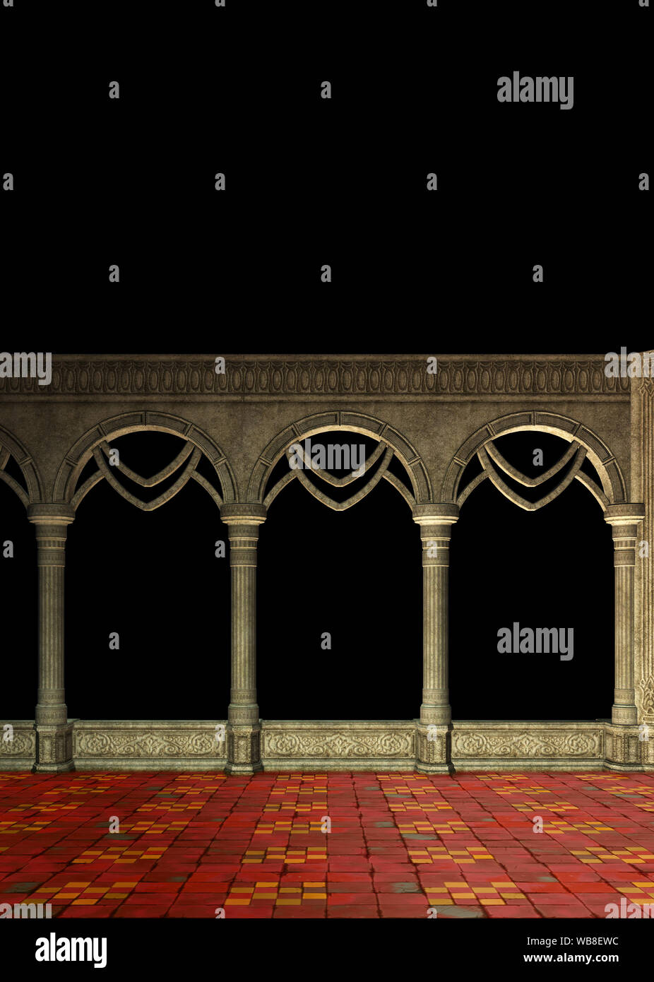 3D rendered ancient wall with arch windows and checkered floor ...