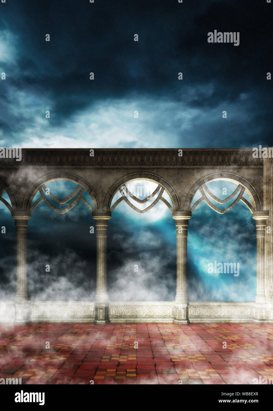 3D rendered ancient wall with arch windows and full moon illustration ...