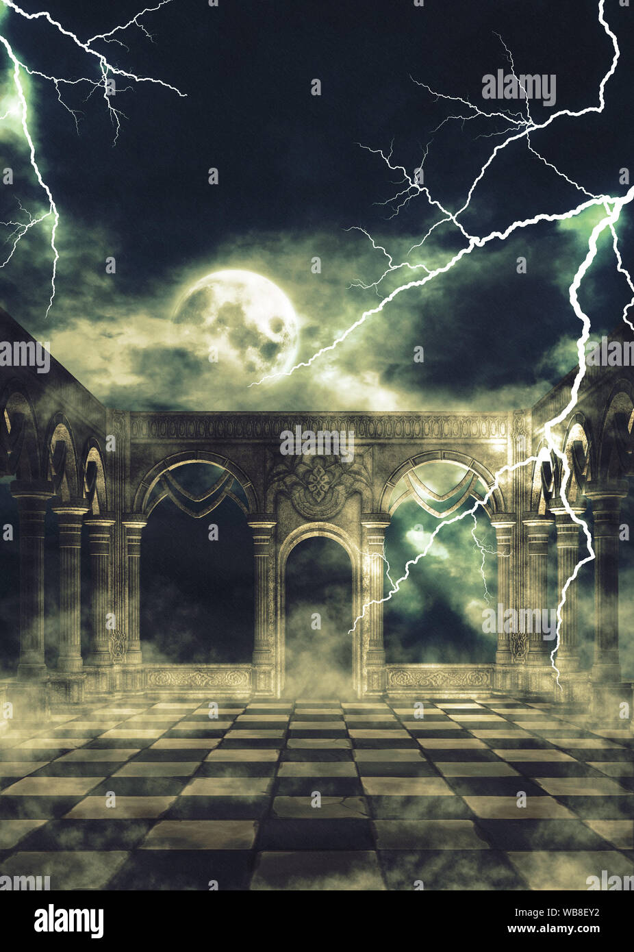 3D rendered ancient wall with arch windows and full moon illustration ...